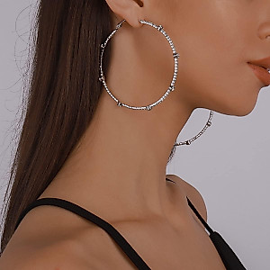 Jumwrit Big Rhinestone Hoop Earrings Large Round Circle Earrings Chain Dangle Earrings Sparkle Stud Earrings for Women Girls（Silver）