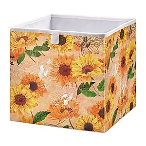 Kigai Foldable Storage Bins Cube,Watercolor Sunflowers Closet Storage Baskets for Shelves Storage Box Open Storage Bins or Nursery Shelf, Closet, Office 11x11x11in