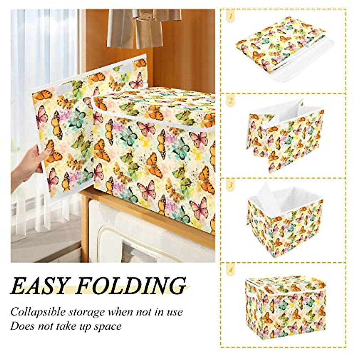 Caikeny Butterfly Storage Basket Retro Animal Storage Bin Box with Lids and Handle Large Collapsible Storage Cube Box for Shelves Bedroom Closet Office 16.5x12.6x11.8 In