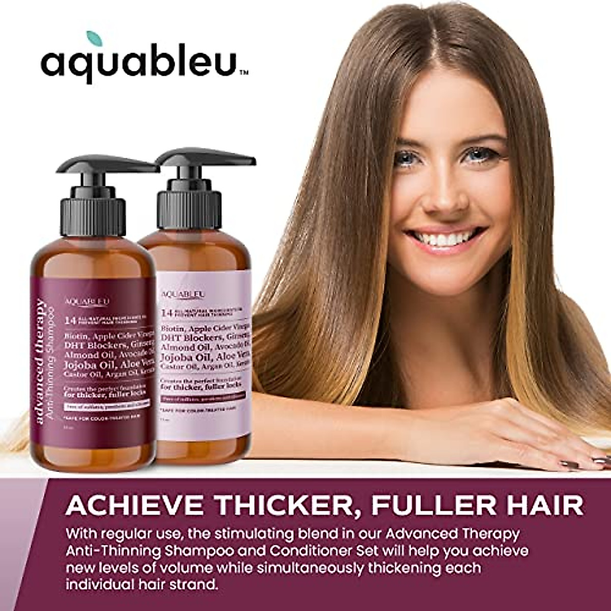 Aquableu’s Advanced Therapy Anti-Thinning Shampoo and Conditioner Set – 14 All-Natural Ingredients to Moisturise, Strengthen and Fight Hair Thinning – Biotin, ACV, DHT Blockers – Sulfate Free – 16oz