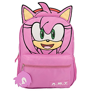 AI ACCESSORY INNOVATIONS Sonic The Hedgehog Backpack for Boys & Girls, Bookbag with Adjustable Shoulder Straps & Padded Back, Amy Rose 16 Inch Schoolbag with 3D Features, Durable School Bag for Kids