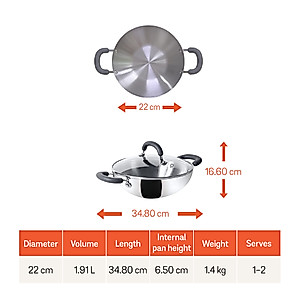 Meyer Trivantage Nickel Free Stainless Steel Triply Kadai | Steel Kadhai with Lid | Stainless Steel Cookware with Induction Base | Small Kadhai for deep Fry, 22cm, Silver
