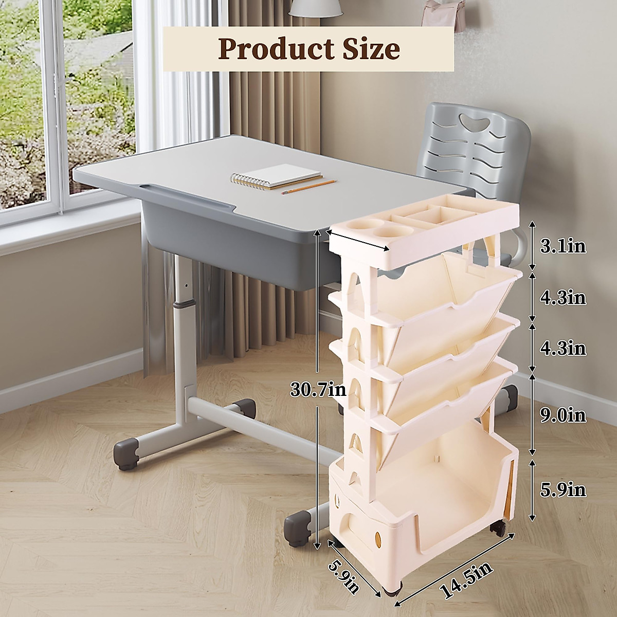 RYIDA Mobile Bookshelf, 5 Tier Movable Bookshelf with Wheels, Versatile Bookshelf Organizer for Boys, Girls, Kids, Children, Students, and Workers Who Need to Organize and Store Books(Khaki)