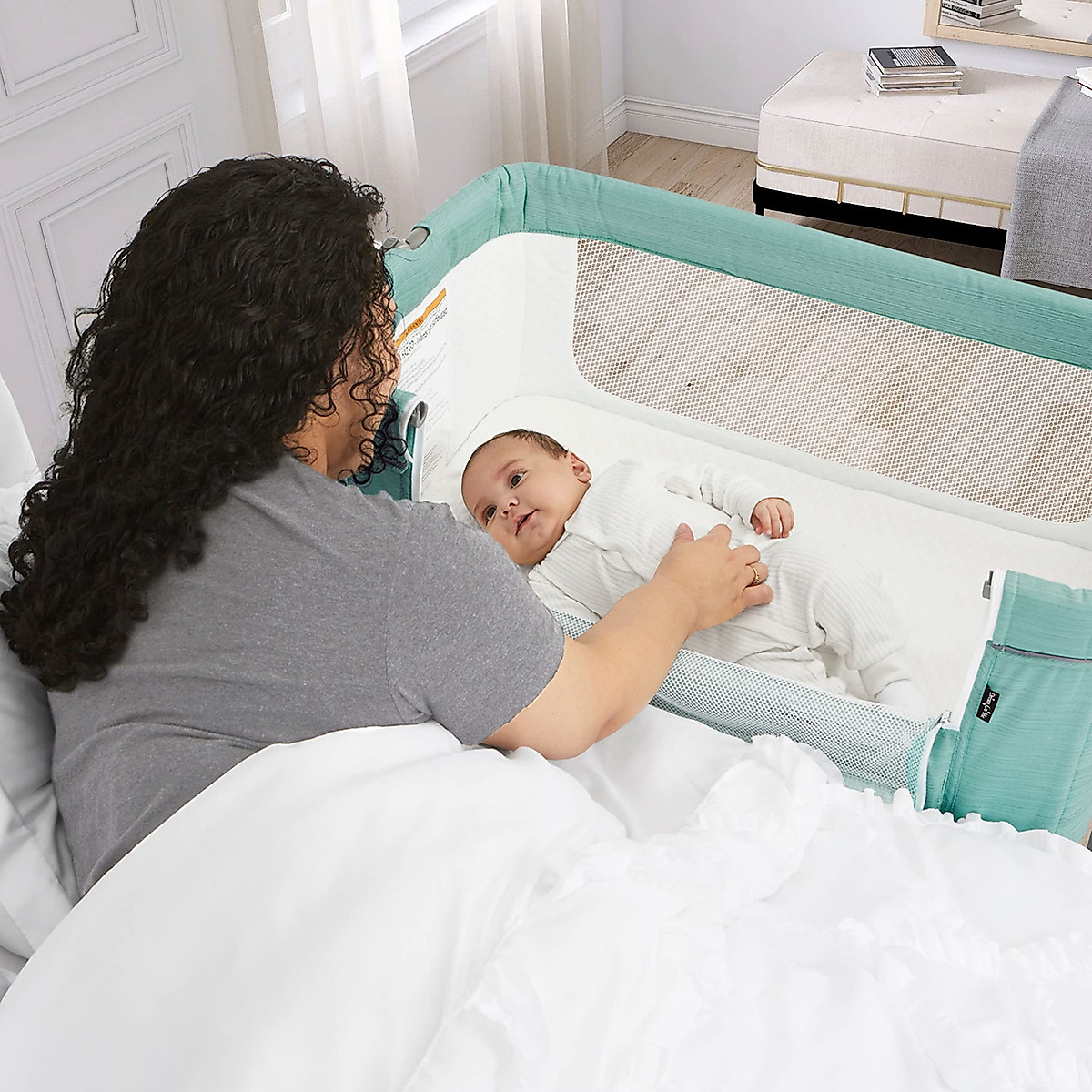 Dream On Me Zimal Bassinet and Bedside Sleeper in Mint, Lightweight and Portable Baby Bassinet, Breathable Mesh Panels, Easy to Fold and Carry Travel Bassinet, JPMA Certified
