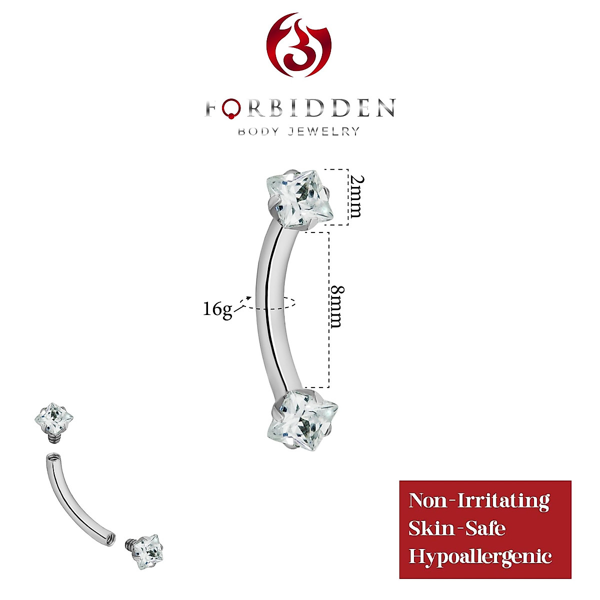Forbidden Body Jewelry 16g 8mm Daith Earring, Eyebrow Ring and Rook Piercing, Internally Threaded 2mm CZ Barbell