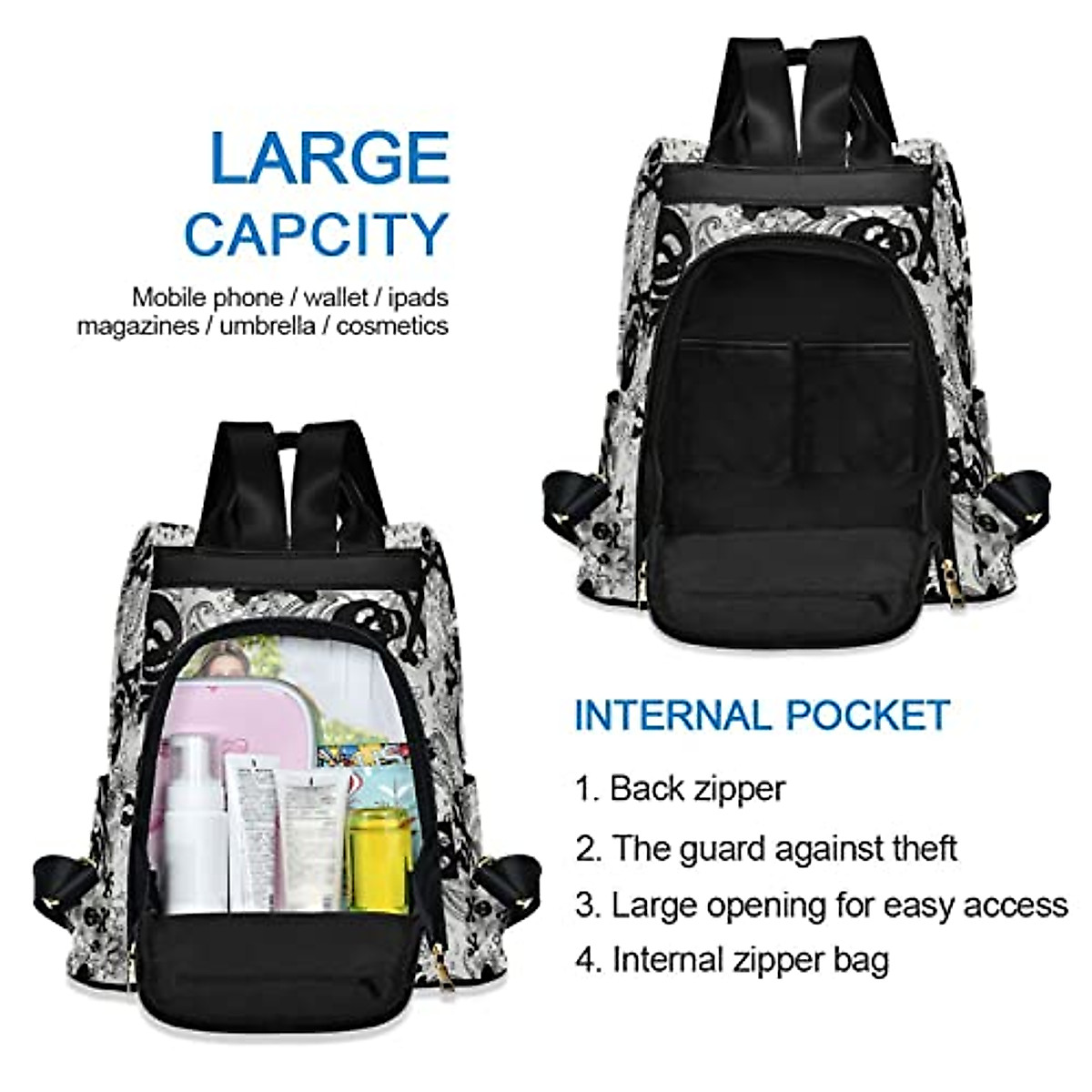 ALAZA Skull Black Gothic Backpack Purse for Women Anti theft Back Pack with Adjustable Straps Grunge Style Shoulder Fashion Bag Travel Handbag