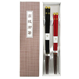 AOBA Japanese Wooden Chopsticks Reusable 2 Pairs in Gift Box Gold Sakura Black and Red Dishwasher-safe (Tenjin) [ Made in Japan /Handcrafted ]
