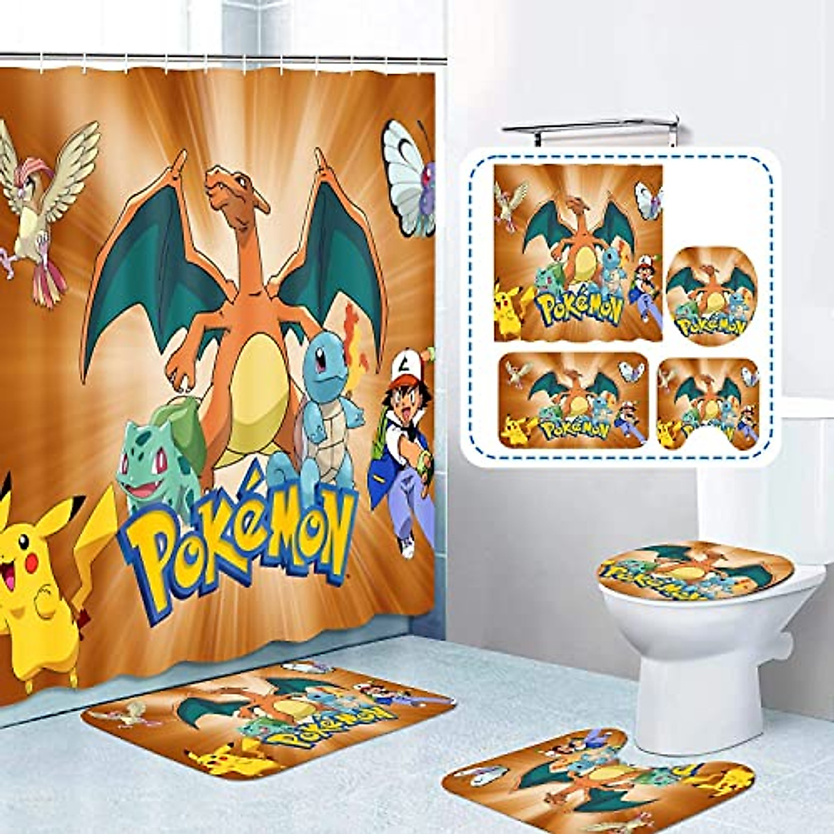 YQPBZCHH 4 Pcs Cartoon Shower Curtain Sets with Non-Slip Rug,Toilet Lid Cover and Absorbent Carpet Bath Mat,Durable Waterproof Shower Curtain with 12 Hooks for Bathroom 70.8" 70.8" (A15)