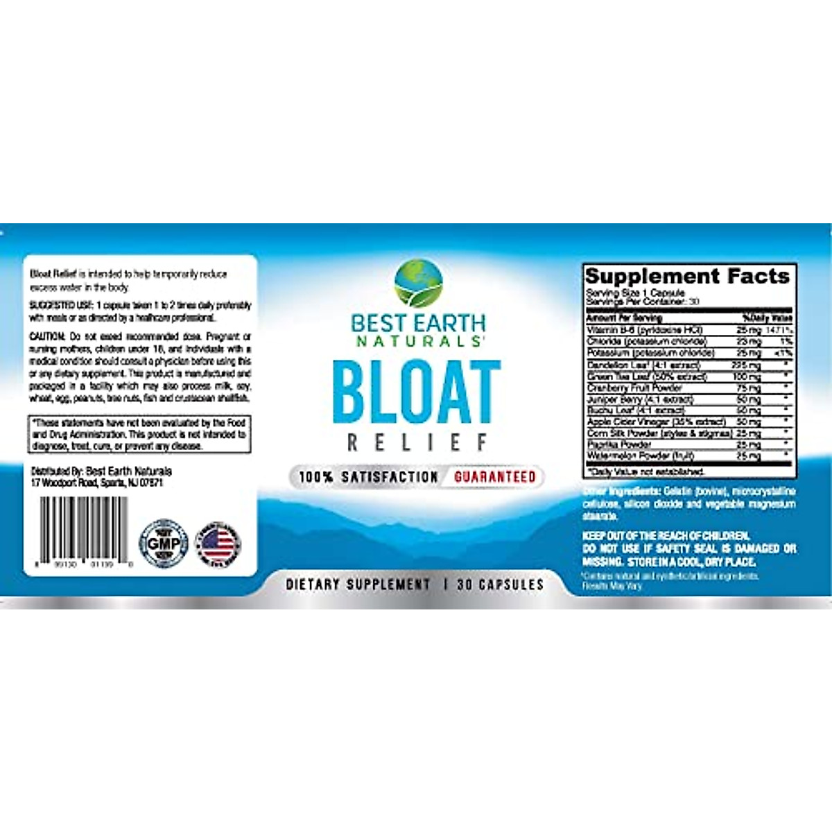 Bloat Relief - Water Supplement with Dandelion, Green Tea, Cranberry, Apple Cider Vinegar & More 30 Count