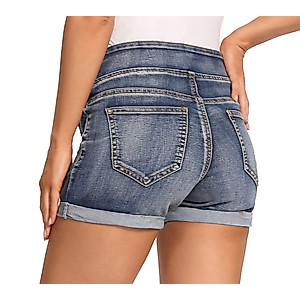 Foucome Women's Maternity Ripped Jean Shorts Roll Hem Denim Shorts Pregnancy Summer Shorts (Blue, L)