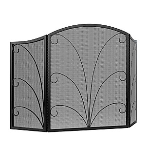 Kingson 3-Panel Arched Fireplace Screen Decorative, Handcrafted Scroll Wrought Iron Fireplace Spark Guard Cover - Black