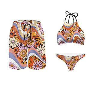 KEIAHUAN Couple Swimwear Matching Set His and Hers Matching Swimsuit Abstract Hippie Flower Design Women 2 Piece Bikini Set Halter Tank Top High Waisted Underwear-XL