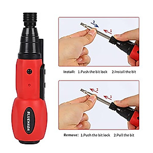 BLUEHADA 16Pcs Cordless Screwdriver Accessories Kit - 3.6V Li-ion 800mAh Rechargeable Electric Screwdriver with Magnet Double End Drill Bit, 2 to 10Nm Max Torgue, LED Light, USB Cable, Red