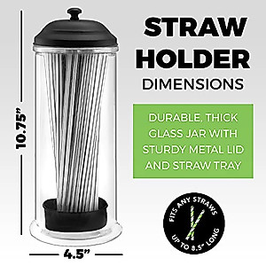 Straw Dispenser with Stainless Steel Lid | Glass Straw Holder for Counter with Lid | Drinking Straw Dispensers | Straw Container | Holds Straws up to 8.5 Inches, Black