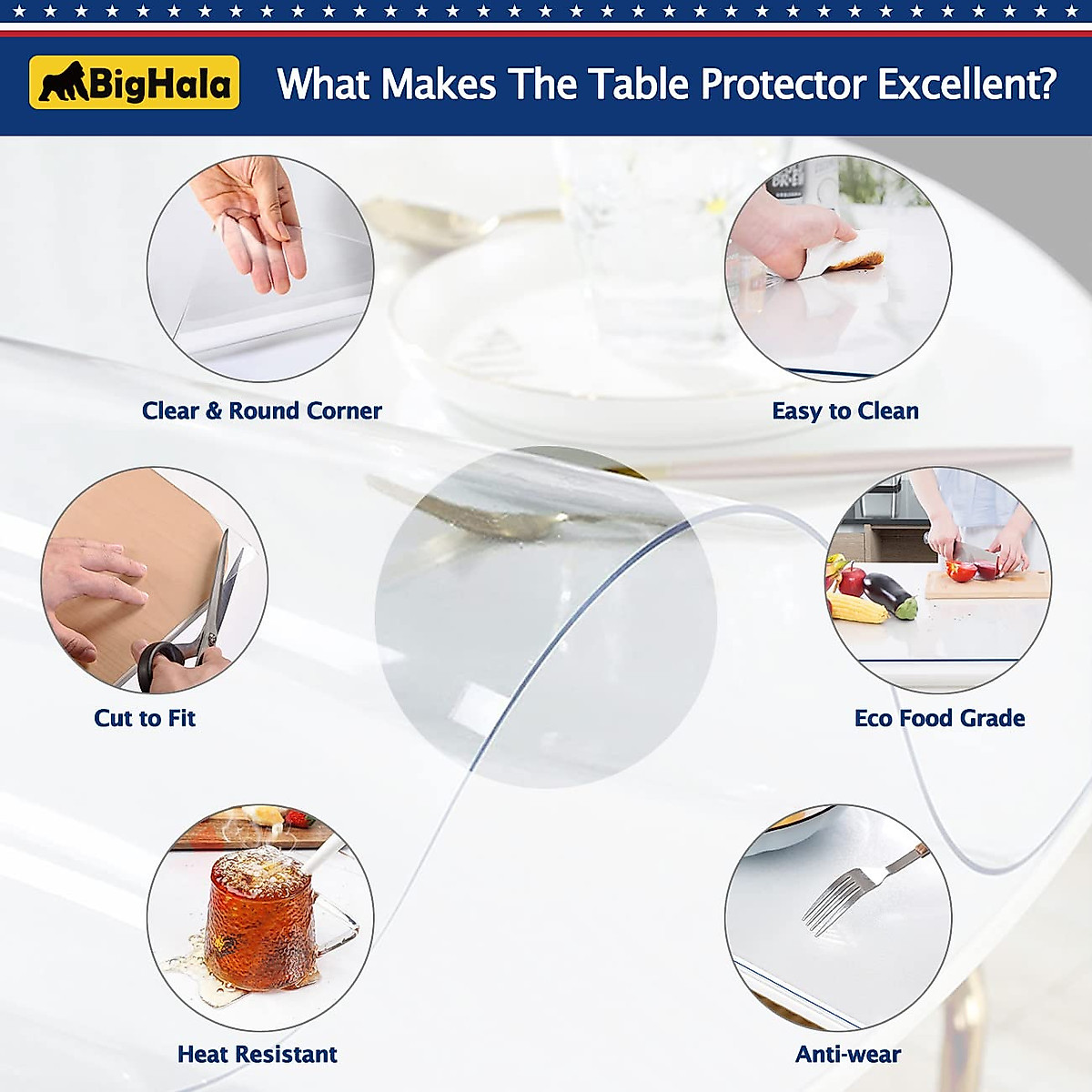 Clear Plastic Round Table Protector - 60" Wipeable PVC Tablecloth for Dining Table Top Cover