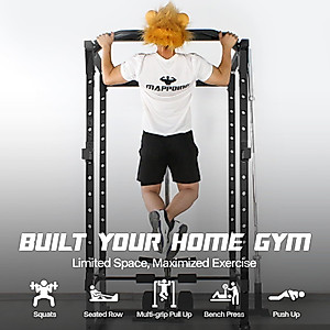 Mappding 1500 LBS Power Cage, Squat Rack for Home Gym with LAT Pullup System with 3 Grip Variation, T Bar, Leg Hold-Down Attachment, Weight Cage with More Training Attachment for Garage Workout, Black