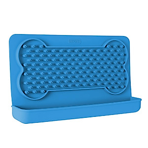 Dexas Snack & Distract Licking Mat with Catch Tray for Dogs and Cats-9.5"x 5.5", Pro Blue. Sticks to Most Slick or Smooth Surfaces. Eases Anxiety, Prevents Boredom, Entertains and Distracts.