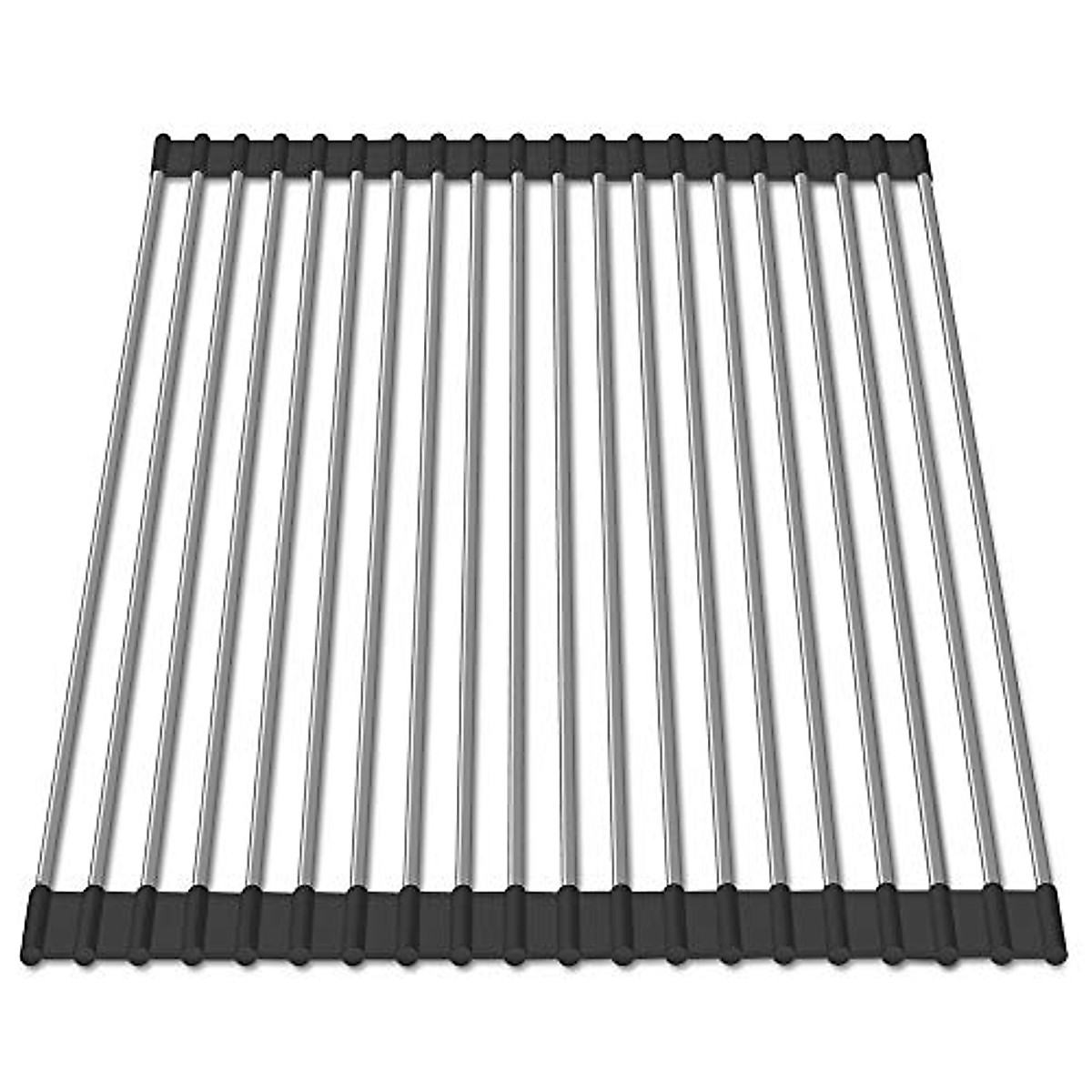 CANWELL 17"x15" Roll Up Dish Drying Rack, Premium 304 Stainless Steel Over Sink Kitchen Drainer Rack with Silicone Rims, Black