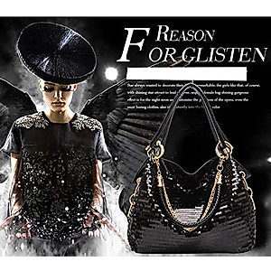 Yan Show Women Patent Leather Chain Handbags Shoulder Bags for Ladies Sequin Purse Black Large