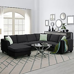P PURLOVE Modern Large Sectional Sofa, L Shape Fabric Sofa Corner Couch Set with Ottoman and 3 Pillows, Extra Wide Chaise Lounge Couch for Living Room Apartment, Black