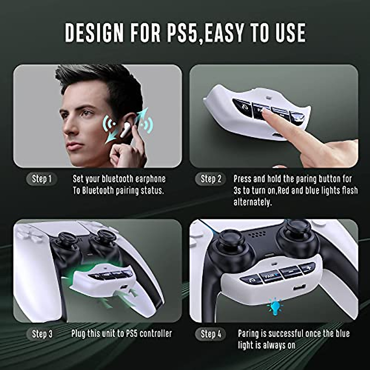 Uberwith PS5 Bluetooth Adapter for PS5 Accessories BT 5.0 Wireless Audio Transmitter for PS5 Controller with Low Latency for AirPods Bose Sony Headphone Speakers Earbuds(White)