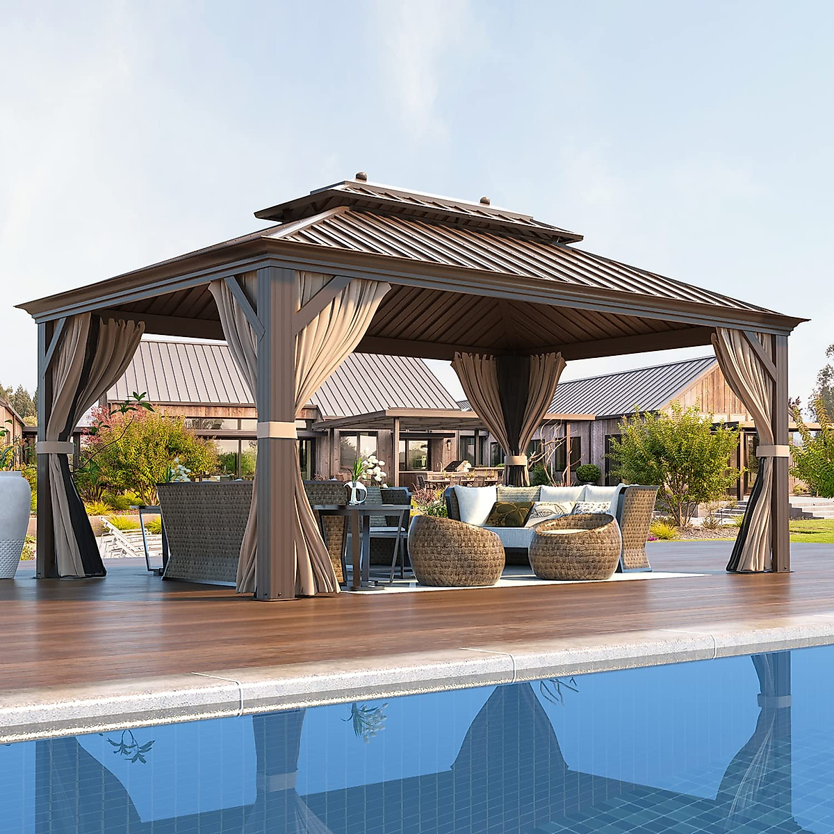 EROMMY 12'x16' Hardtop Gazebo Galvanized Steel Outdoor Aluminum Double Roof Canopy with Netting and Shaded Curtains Permanent Metal Pavilion for Patio, Backyard and Deck