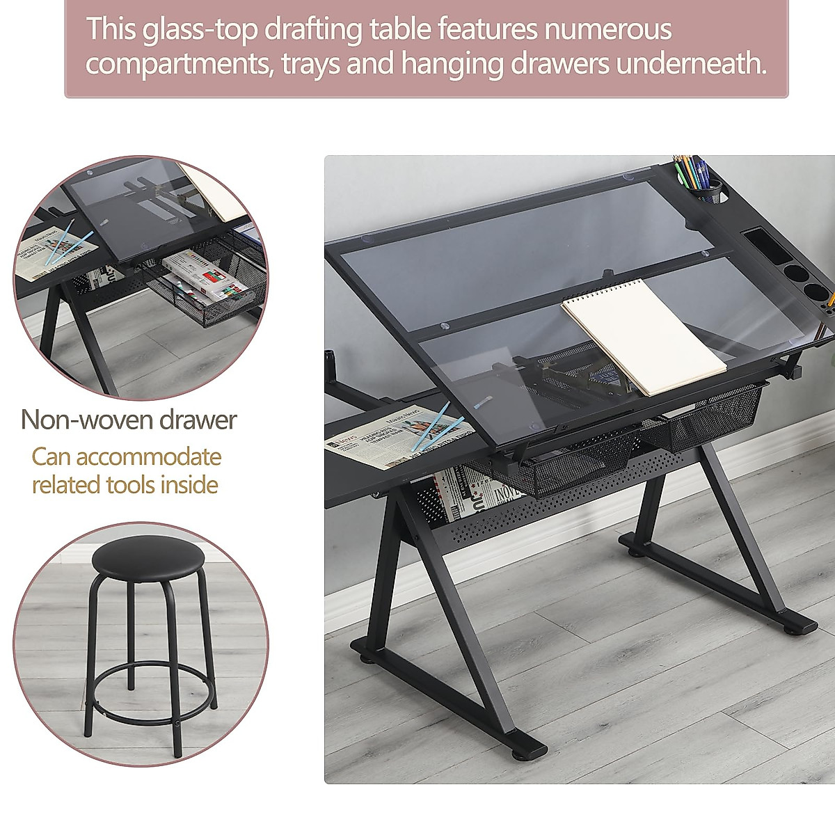 Gee Wuo Black Drawing Table, Modern Design Adjustable Tempered Glass Drawing and Printing Table with 2 Storage Drawers and Chair, Suitable for Office School, Artist