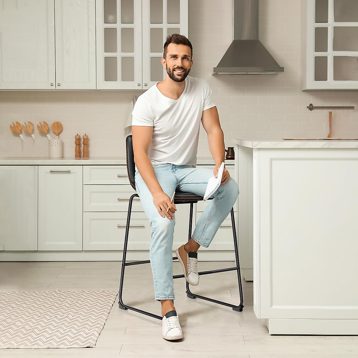 DUMOS 26 Inch Counter Height Bar Stools Set of 2, Modern Faux Leather High Barstools with Back and Metal Leg, Bar Chairs for Kitchen lsland, Black