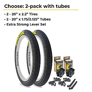 Eastern Bikes Throttle 20 inch BMX Tires Available with or Without Tubes, 2.2, 2.3 and 2.4 Inch Widths, White or Yellow Logo. (2.2" Yellow Logo, 2 Pack with Tubes)