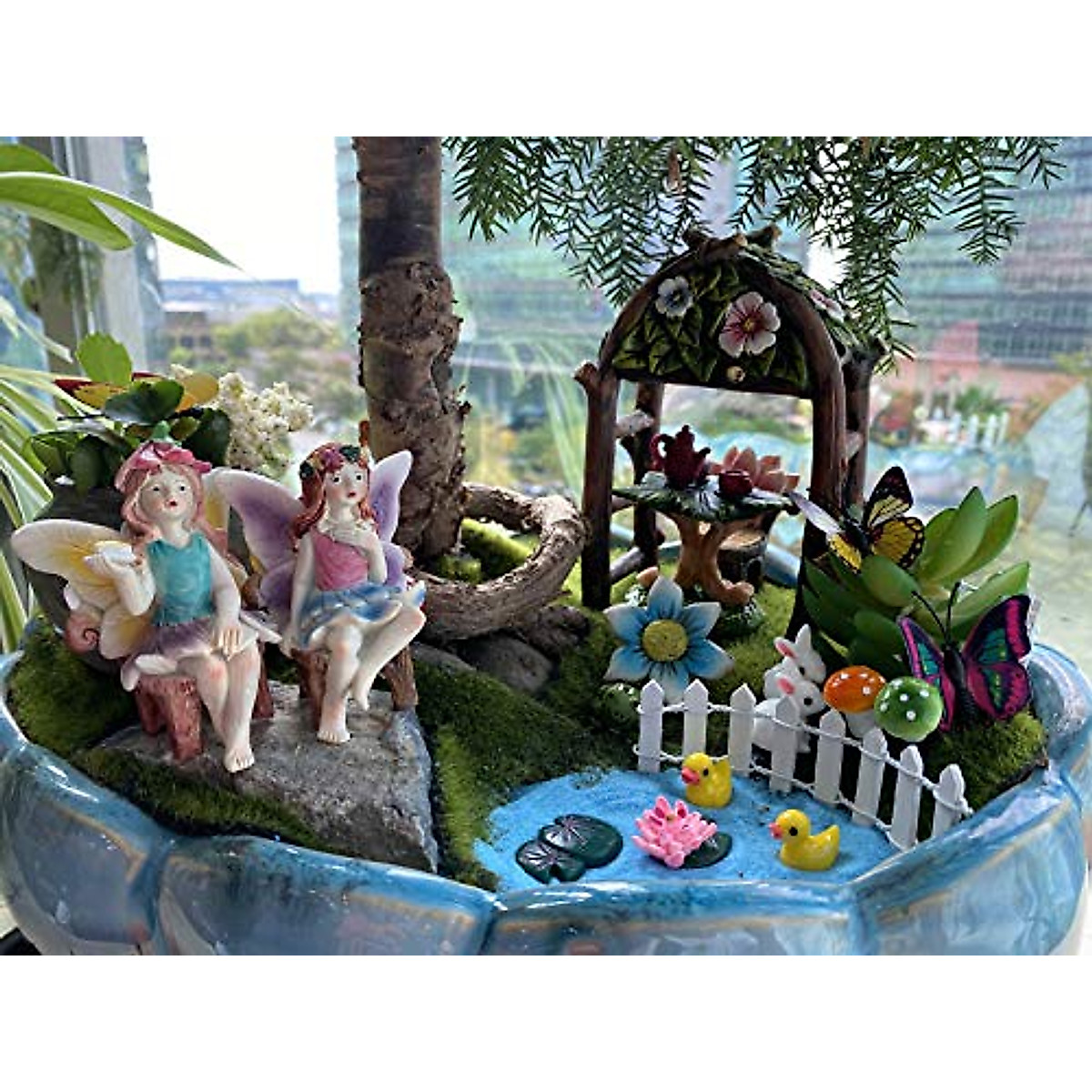 Miniature Fairy Garden Fairies - Fairy Houses Accessories Mini Village Patio Indoor Outdoor Garden Set Kit Decor Flower Succulent Garden for Kids Girl Boy Birthday Gifts Cake Topper Decorations