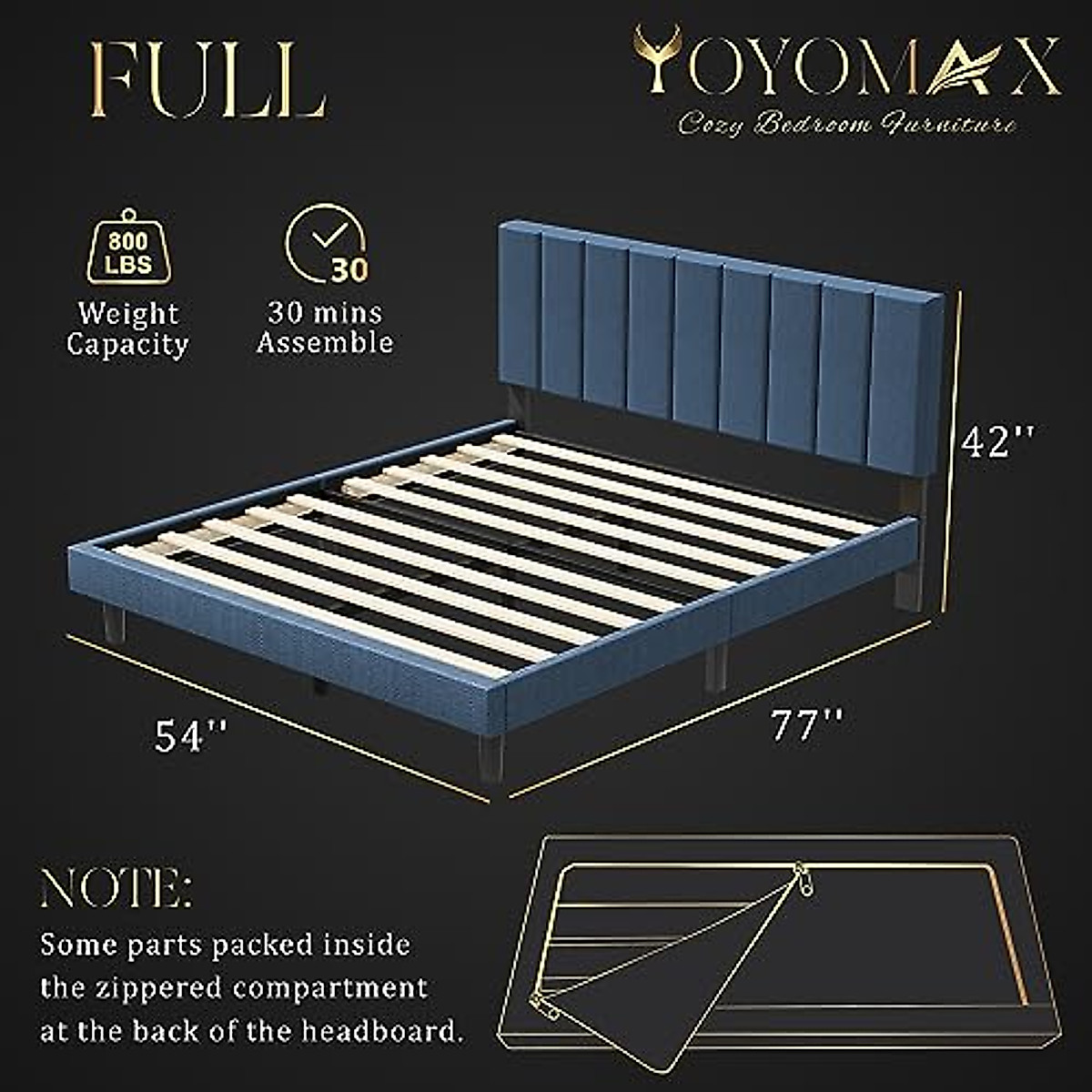 yoyomax Full Size Upholstered Bed Frame Platform with Linen Fabric Headboard and Strong Wooden Slats Support, Non-Slip & Noise-Free, Easy Assembly, No Box Spring Needed, Blue