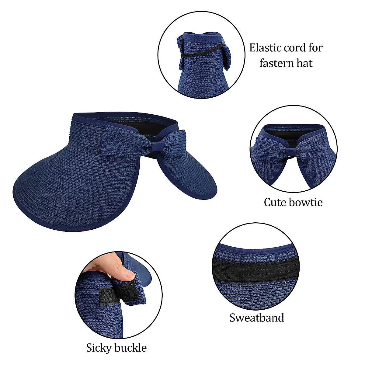 Andiker Women Roll Up Sun Visors Hat, Fordable Wide Brim Ponytail Beach Hat with A Storage Bag, Adjustable Straw Hat with Bow for Summer (Navy)