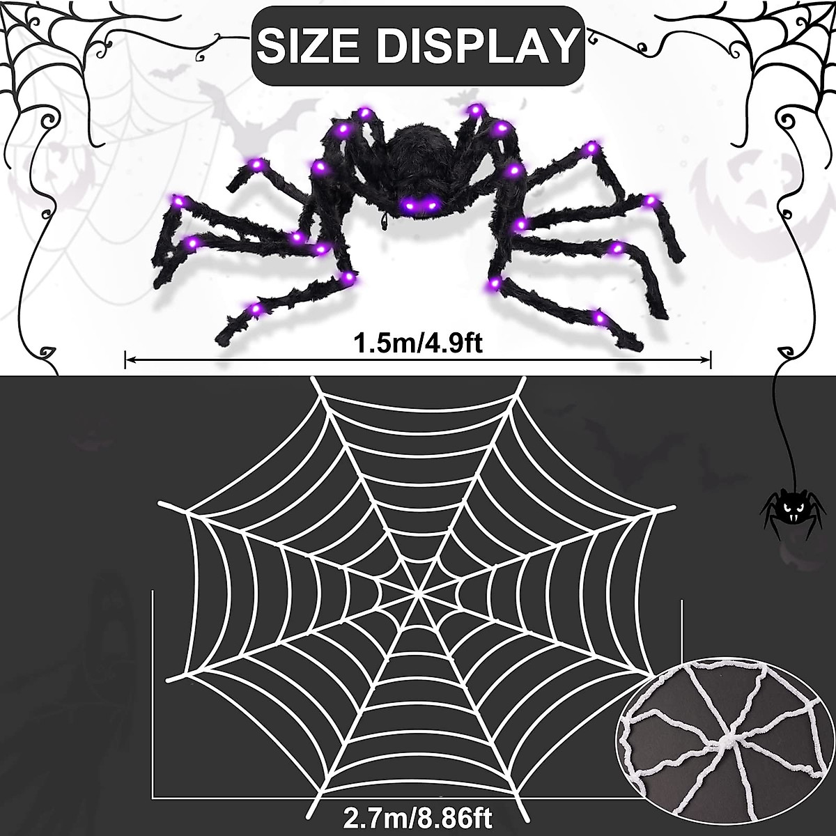 Spider Halloween Decorations Outdoor - 5ft Giant Halloween Spider with Purple Lights and 9ft Spider Wed for Outside Cary Halloween Yard Haunted House Decorations Indoor