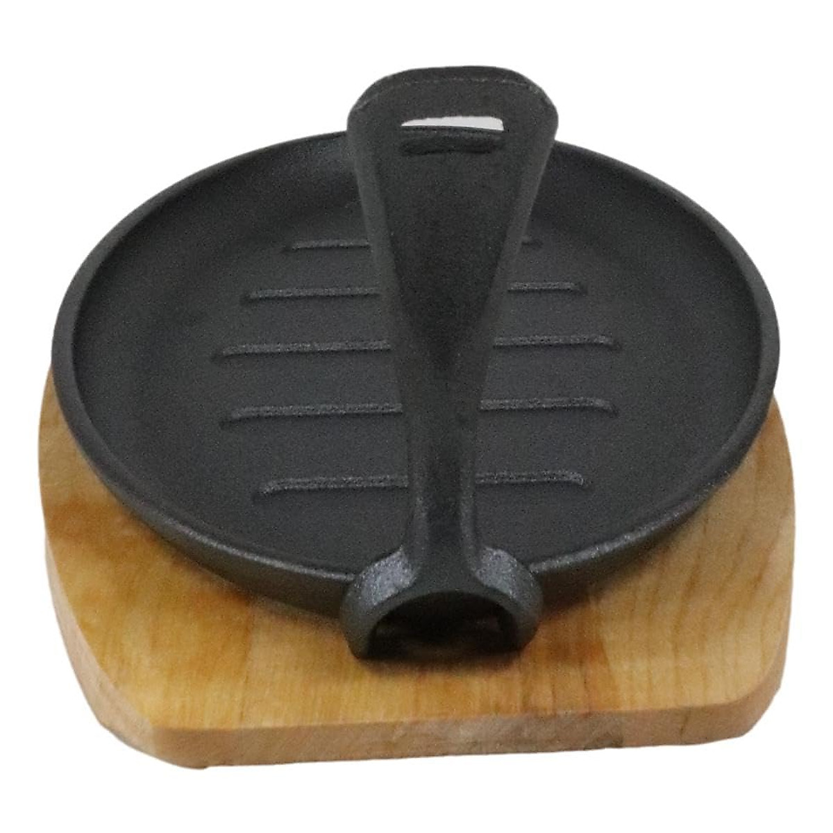 Ebros Personal Size 10.5" By 7" Enamel Coated Cast Iron Sizzling Fajita Skillet Ridged Japanese Steak Plate With Handle and Wood Base For Restaurant Home Kitchen Cooking Pan Grilling Meats Seafood