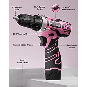 Drill Set, OUBEL 12V Cordless Drill Pink with 42 Acessories, Pink Power Drill Cordless with 3/8" Keyless Chuck, Built-in LED, 2 Variable Speed, Pink Drill for DIY Home Projects, Around the House