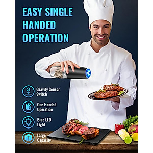 Gravity Electric Pepper and Salt Grinder Set, Adjustable Coarseness, Battery Powered with LED Light, One Hand Automatic Operation, Stainless Steel Black, 2 Pack