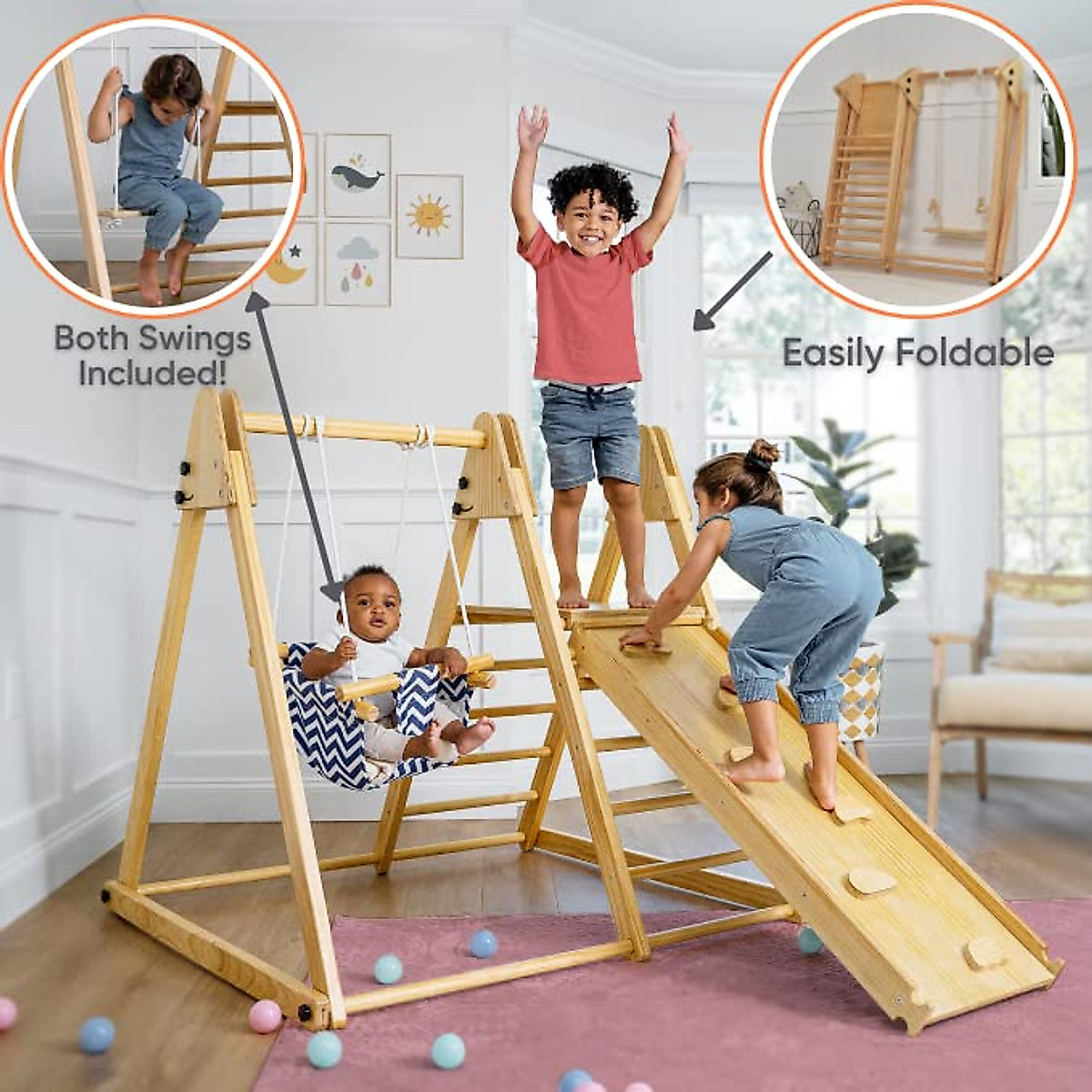 Avenlur 4-in-1 Juniper Indoor Play Gym - Jungle Gym Playset with Baby Swing, Slide, Ladder, and Climbing Wall - Foldable Wooden Playset - Indoor Jungle Gym for Kids Ages 18mo to 6yrs