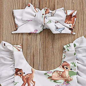 Newborn Toddler Infant Baby Girls Clothes Christmas Bambi Deer Romper+Headband Ruffle Flutter Sleeve Bodysuit Backless Sunsuit Birthday Playsuit 2pcs Outfit Set White 0-6 Months