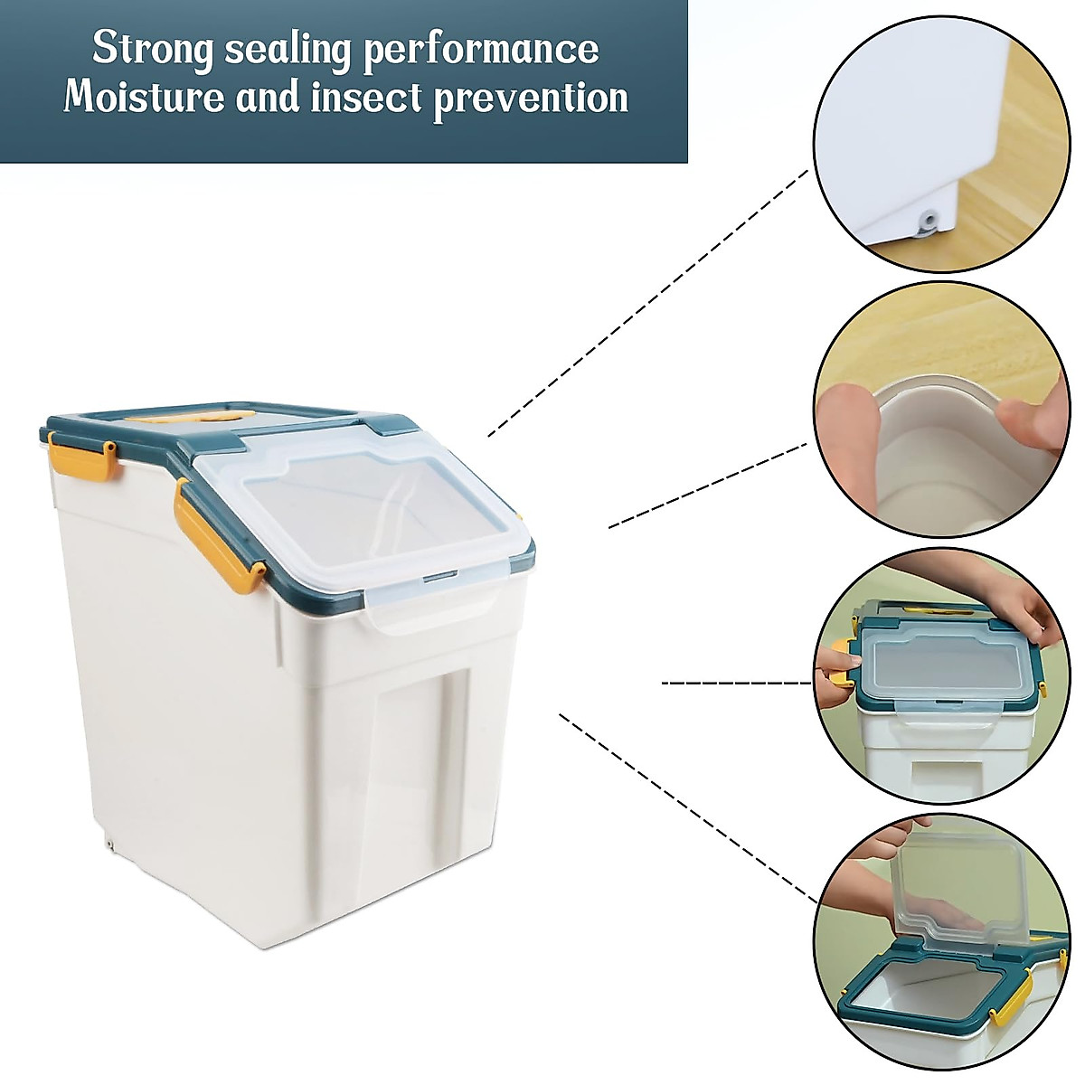 Qiveno 2 Pack Rice Storage Container with Measuring Cup 50 lb Flour Storage Container with Wheels, BPA Free Food Storage Container Dog Cat Food Bin Set for Dry Food Sugar, Cereal(Blue)