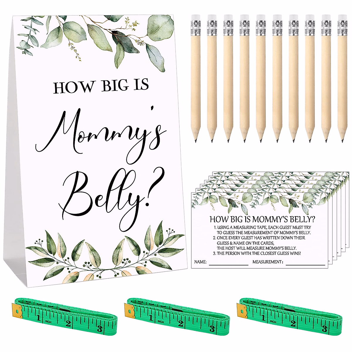 Sabary 64 Pcs Guess Baby Shower Games Include How Big is Mommy's Belly Sign Measure Baby Bump Game 50 Guessing Cards 10 Pencils 3 Measuring Tapes for Baby Shower Party(Greenery)
