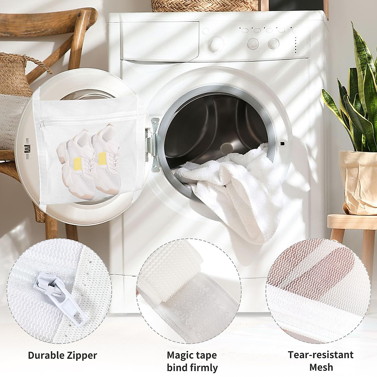 2PCS Sneaker Dryer Bag 15.7x13.8in Sneaker Washing Mesh Net for Most Dryers Door, with Elastic Straps Zippers Polyester Reusable Honeycomb Net Laundry Bags for Sneakers, Clothing, Laundry(White)