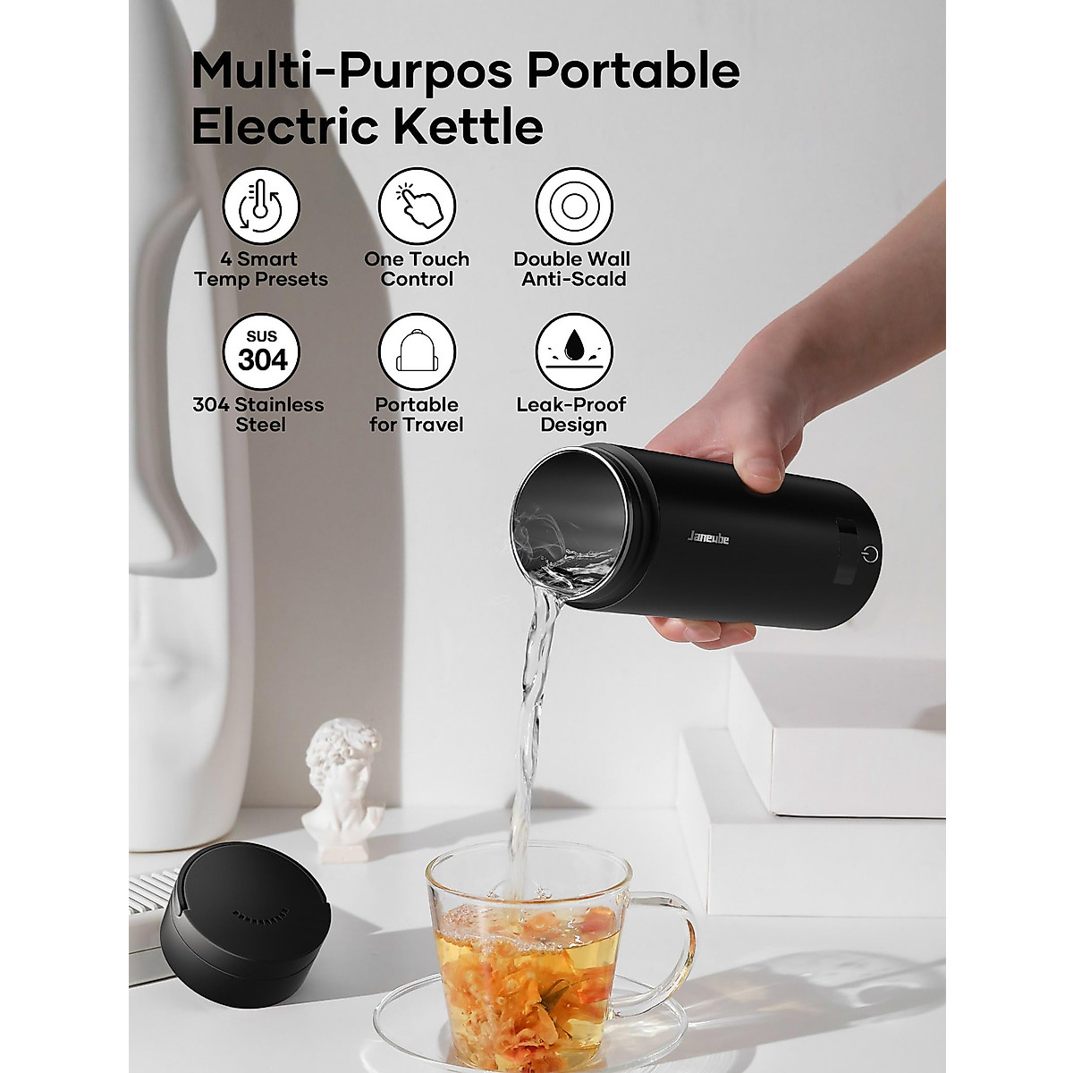 Travel Portable Electric Tea Kettle, Small Coffee Kettle, Mini Hot Water Boiler, 380mL & 304 Stainless Steel, with 4 Variable Presets and Auto Shut-Off(Black)