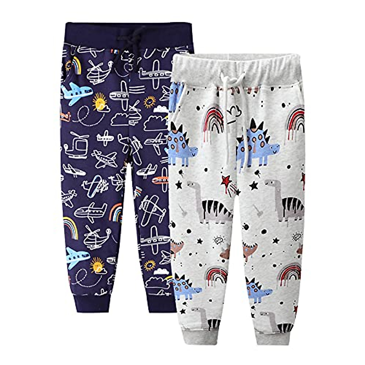 LOKTARC 2 Pack Litter Boys Jogger Pants Toddler Boys' Drawstring Elastic Waist Cotton Embroidery Sweatpants Aircraft Dinosaur 6-7 Years/Size 7T