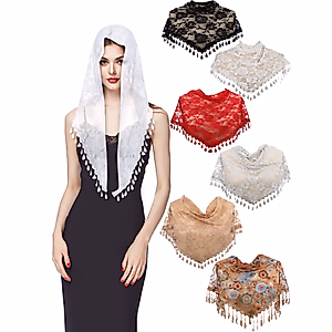Zhanmai 6 Pieces Triangle Women Church Veil Lace Mantilla Wedding Shawl Catholic Floral Scarf Catholic Cover for Cathedral