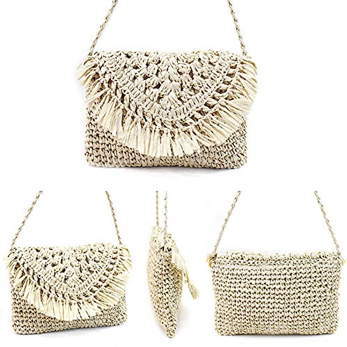 Meyaus Women Small Fringed Straw Woven Cross-body Bag Shoulder Bag Bohemian Beach Envelope Flap Handbag Purse