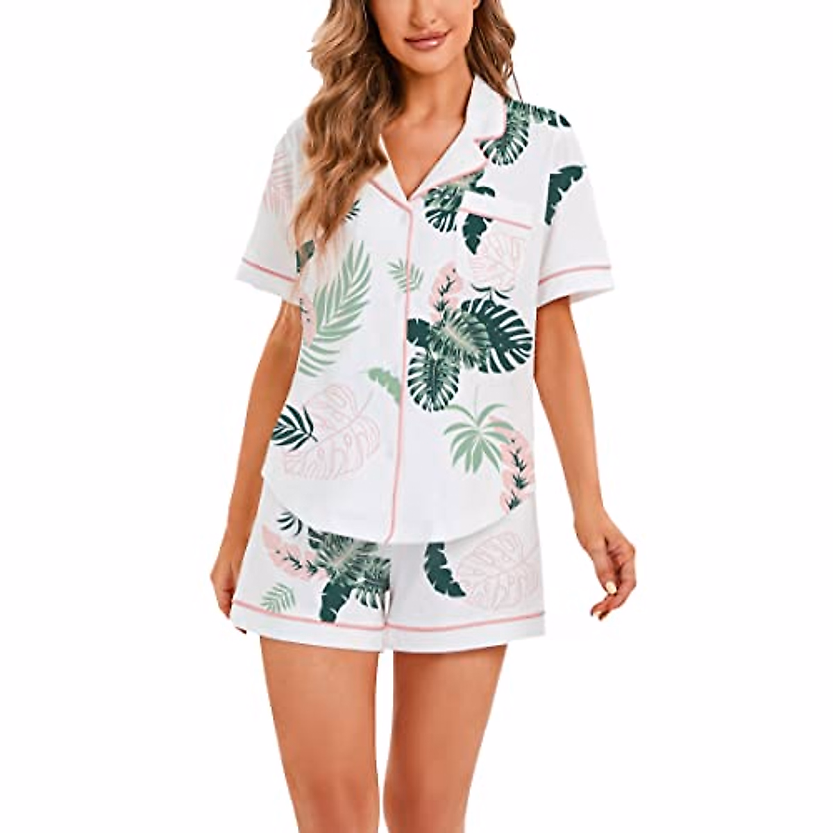 LUBOT 100% Cotton Women's Pajamas Set Short Sleeve Button-Down Shirt PJ Two-piece Set Printed Patterned Summer Night Suit Sleepwear Loungewear (Leaves, M)