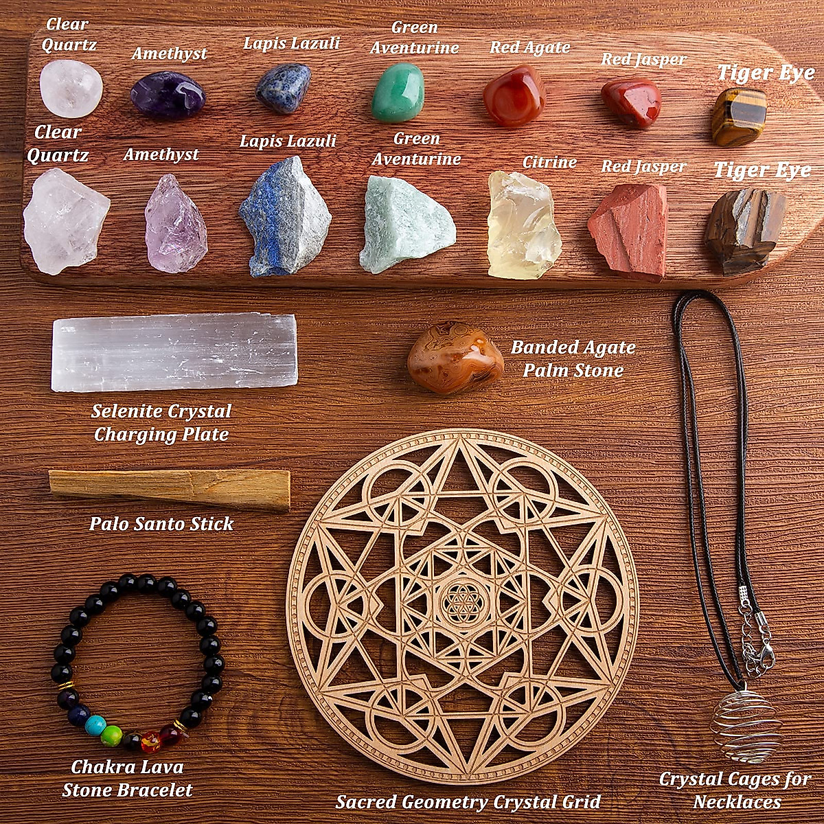 Crystals and Healing Stones, Healing Crystals for Beginners Set Gifts for Mothers Day, Include 7 Chakra Stones, 7 Tumbled Stones, Bracelet, Necklace, Selenite, Palo Santo for Positive Energy