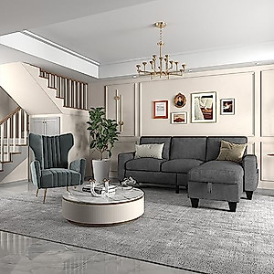 ZeeFu Convertible Sectional Sofa Couch,Grey Snowflake Velvet Modern 3-Seat L-Shaped Upholstered Sofa Couch Set with Storage Reversible Ottoman and Pockets for Living Room Small Space Apartment