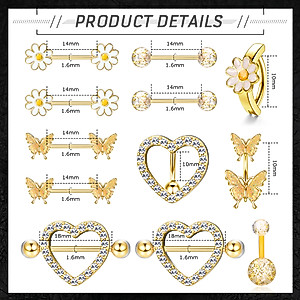 ORAZIO 14G Nipple Rings for Women Surgical Steel Belly Button Ring Butterfly Daisy Flower Nipple Barbells CZ Heart Curved Navel Rings 12 PCS Nipple Piercings Jewelry Set-GOLD
