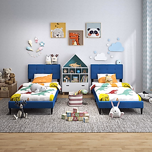 Giantex Twin Bed Frames for Kids, Modern Fabric Linen Upholstered Platform Bed Frame with Button Tufted Headboard and Wooden Slats, No Box Spring Needed, Kids Twin Bed for Boys Girls, Navy Blue